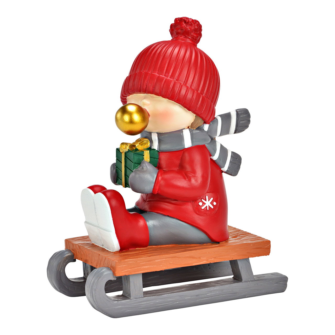 Child on sledge with gift and chewing gum bubble made of poly, red/grey ...